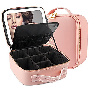 MOMIRA Makeup Train Case with Light & Mirror Large Cosmetic Organizer with Adjustable Dividers for Cosmetics,10X Magnifying Makeup Mirror,Pink