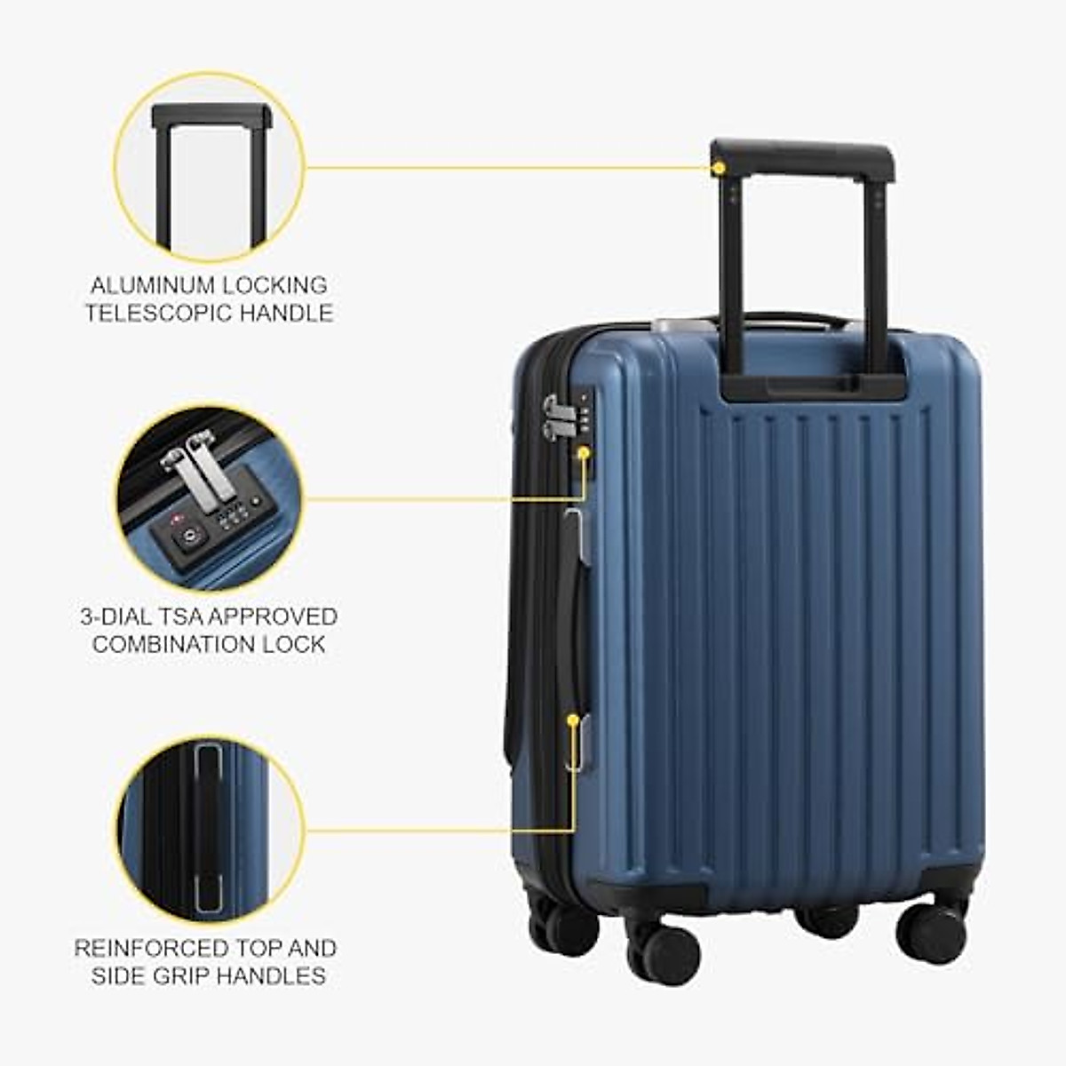 LEVEL8 Grace Carry On Luggage, 20 Inch Hardside Suitcase, Abs+Pc Harshell Spinner Luggage with Tsa Lock, Spinner Wheels, Blue, 20-Inch Carry-On