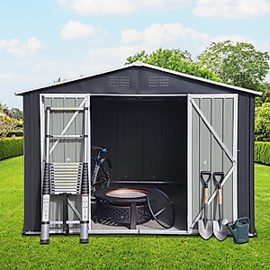 Zevemomo 10X8 FT Outdoor Storage Shed, All Weather Tool Shed with Metal Foundation & 2 Lockable Doors, Metal Sheds Outdoor Storage for Garden, Patio, Backyard, Lawn, Black