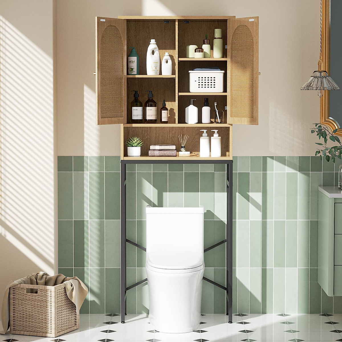 Rattan Toilet Storage Cabinet, Over the Rack Wood Cabinet with Metal Stand, Bathroom Organizer with Adjustable Shelf, Tall Freestanding Washer Shelf, Small Cupboard, Space Saver, Natural style