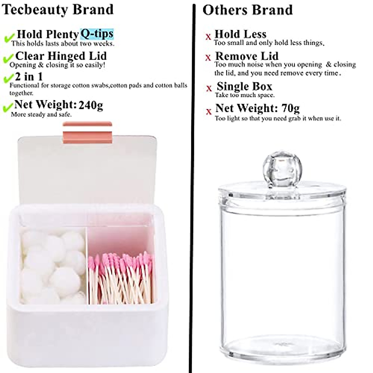 Tecbeauty 2 Slot Cotton Swab Ball Qtip Holder Jar Plastic Container Dispenser Box with Hinged Lid for Bathroom Home Storage Organizer