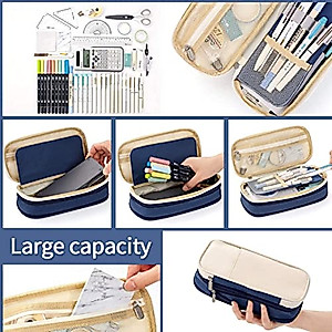 Eaarliyam Pencil Case,Expandable Pencil Case, Large Capacity Pencil Cases Pen Bag Pouch Holder School Stationery Organizer Makeup Cosmetic Bag,Navy+Beige Aesthetic Pencil Case