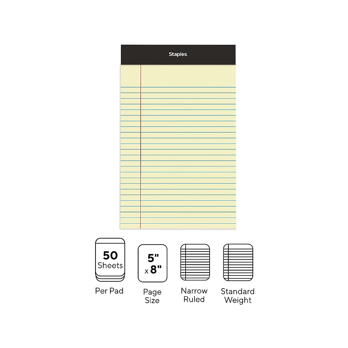STAPLES 163832 Notepads 5-Inch X 8-Inch Narrow Canary 50 Sheets/Pad 12 Pads/Pack (26829)