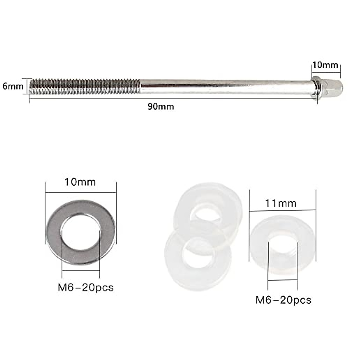 Jiayouy 90mm Bass Drum Tension Rods with Washers Drum Set Mounting Hardware 20/Pack