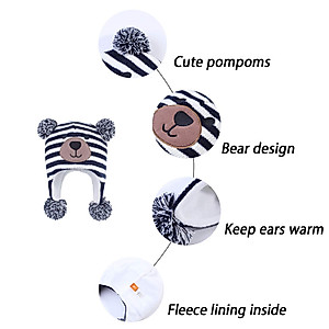 LANGZHEN Toddler Kids Infant Winter Hat,Earflap Knit Warm Cap Fleece Lined Beanie for Baby Boys (Bear -Navy Stripe, L(50-52CM/19.69"-20.47"))