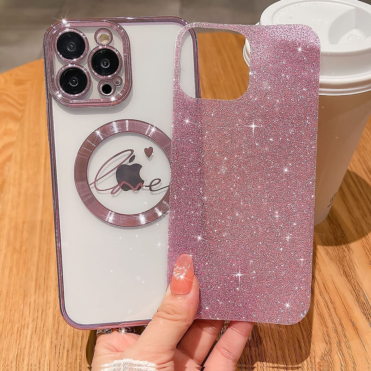 MGQILING Compatible with iPhone 13 Pro Max Magnetic Glitter Case-6.7 Inch, Luxury Love Heart Pattern Plating Clear Case, Compatible with MagSafe for Women Girls Shockproof Back Cover-Pink