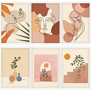 Whaline 6 Pack Abstract Line Art Poster Boho Minimalist Modern Aesthetic Art Waterproof Woman Face Landscape Geometric Drawing Wall Art for Girls Women Bedroom Dorm Living Room, 9.72" x 13.82"