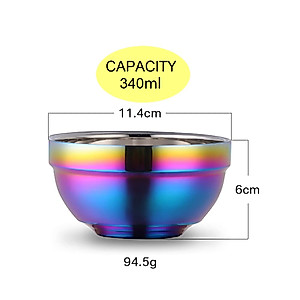 dongbo Stainless Steel Cereal Bowls: Metal Soup Bowl Sets of 6 - Double Walled Insulated Large Serving Rice Bowl - Unbreakable Deep Bowls for kitchen 340 ml Appr. Rainbow