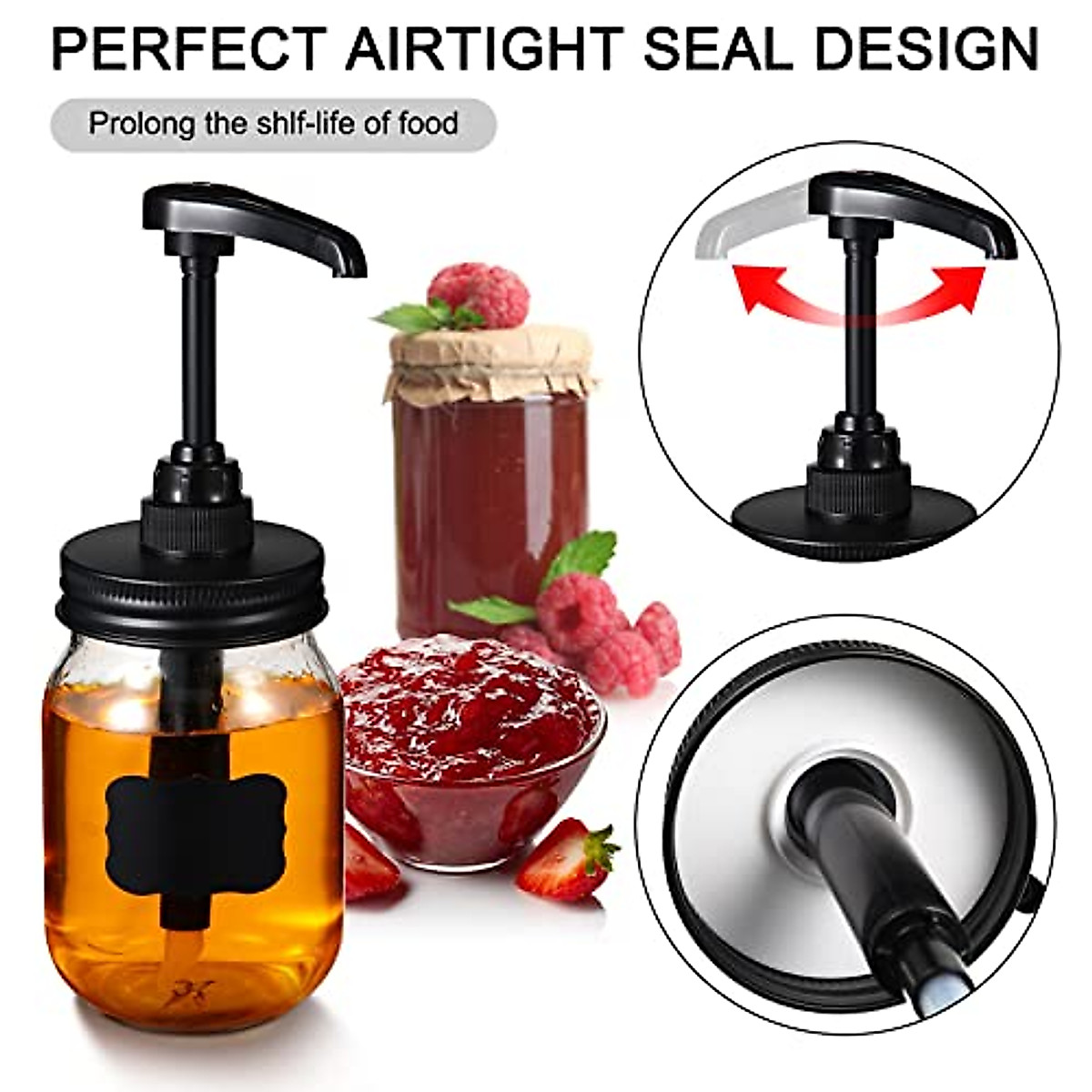 4 Pack Mason Canning Jar Syrup Dispenser Coffee Syrup Dispenser Pump Lids Set with Labels and Pen Honey Dispenser Syrup Pump for 16 oz Regular Mouth Mason Canning Jars