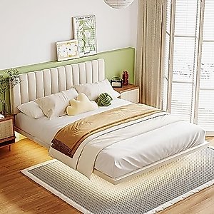 JIVOIT Queen Size Upholstered Bed with LED Lights, Floating Velvet Platform Bed with Headboard and Wood Slats Support, Modern Upholstered Platform LED Bed Frame (Beige-081)