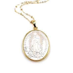 LESLIE BOULES Mother of Pearl Guadalupe Medal Pendant Necklace for Women 18K Gold Plated Chain