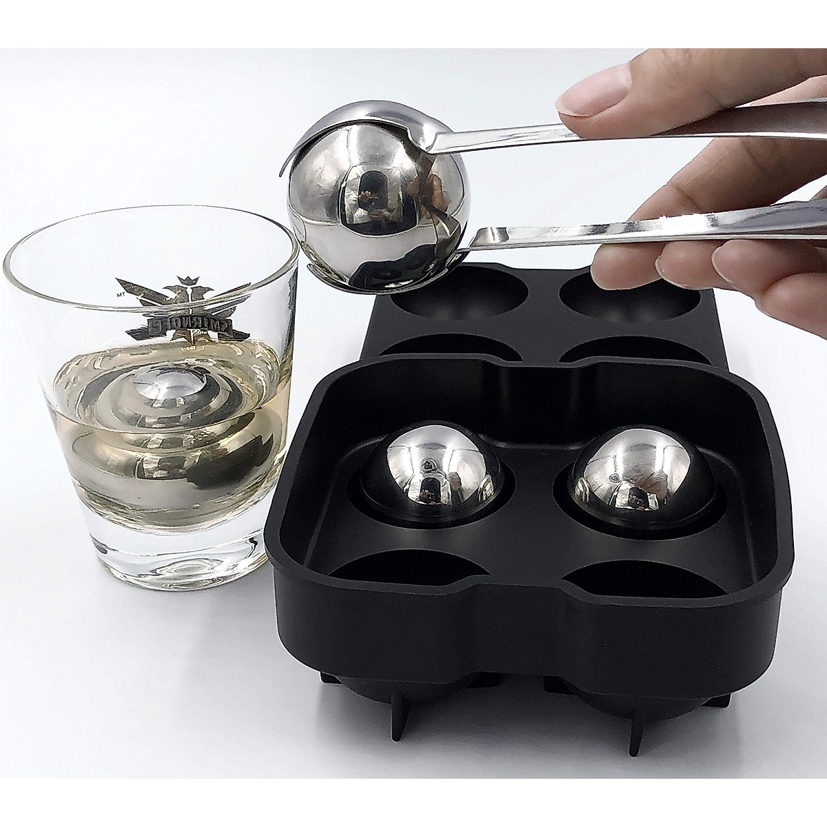 Stainless Steel Whiskey Stones, Beverage chilling Rocks, Reusable stainless steel ice balls with Sphere Ice ball tray. Total set of 7