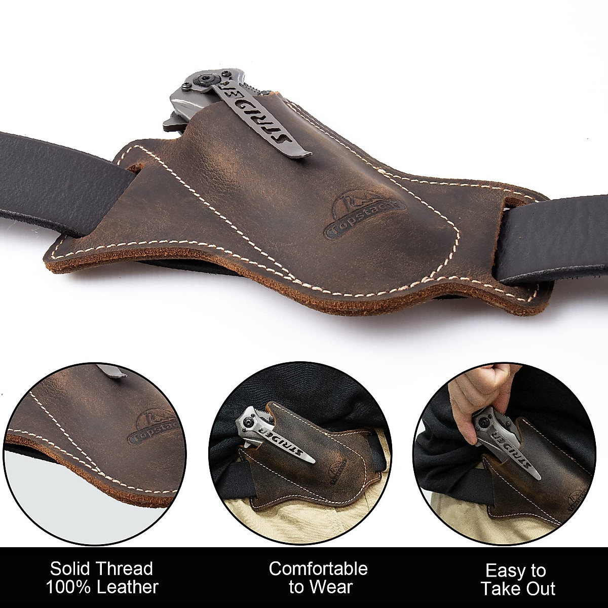 Topstache Handmade Leather Pocket Knife Sheath for Belt,EDC Belt Folding Man,Cross Draw Left Side Carry Open Top 5 inch Knife,DarkBrown