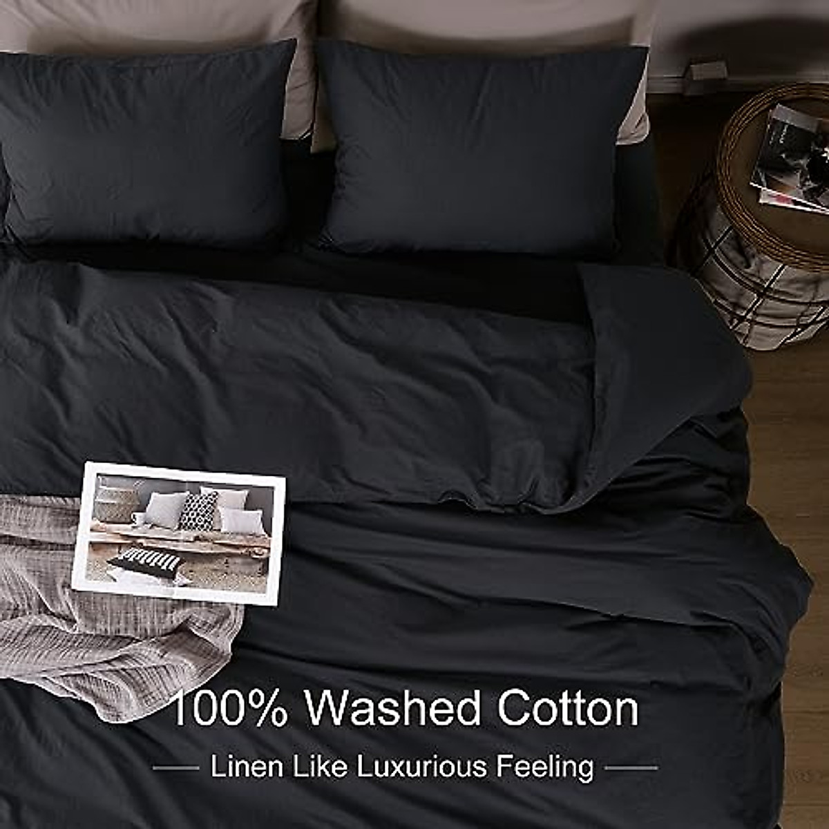 PHF 100% Cotton Duvet Cover Queen Size, 3pcs Washed Cotton Linen Like Comforter Cover, Soft Breathable Durable Cooling Duvet Cover for Hot Sleepers, 90" x 90", Black