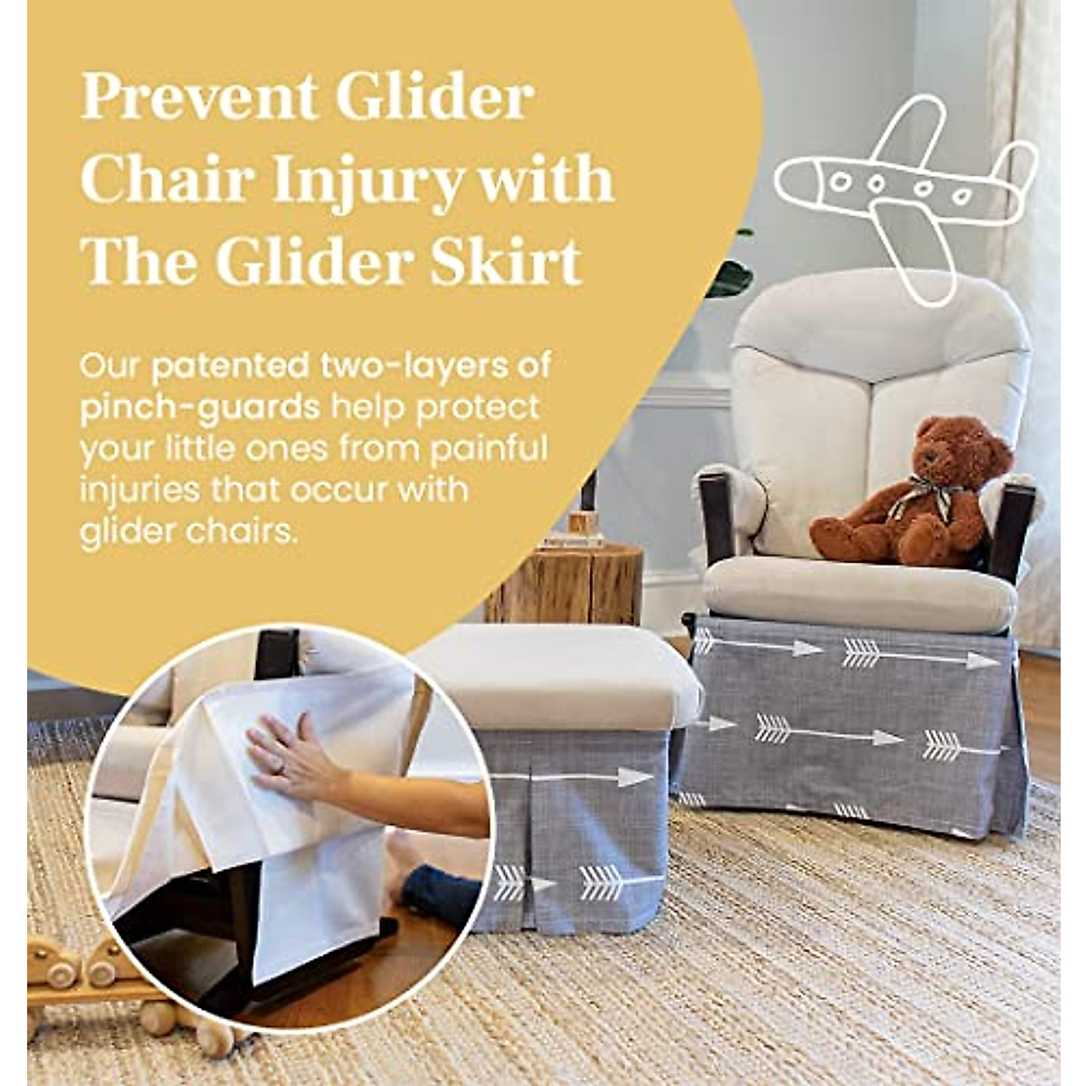 Glider Skirt, Universal Fit Safety Skirt for Glider Chair and Ottoman for Nursery, Baby Proofing Pinch Guard, Glider Chair and Ottoman Sold Separately, Slate Arrow Style
