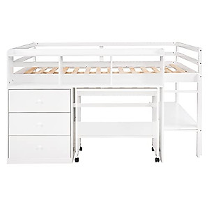 VilroCaz Full Size Low Loft Bed with Rolling Portable Desk and Drawers, Multiple Functions Wood Loft Bed Frame with Storage Shelves for Kids Teens, Sturdy Slats Support (White-Full)
