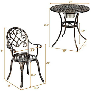 Giantex 3pcs Bistro Table Set Cast Aluminum Outdoor Patio Furniture Set Round Table W/Removable Ice Bucket, 2 Chairs Antique Garden Furniture Weather Resistant (Antique Bronze)
