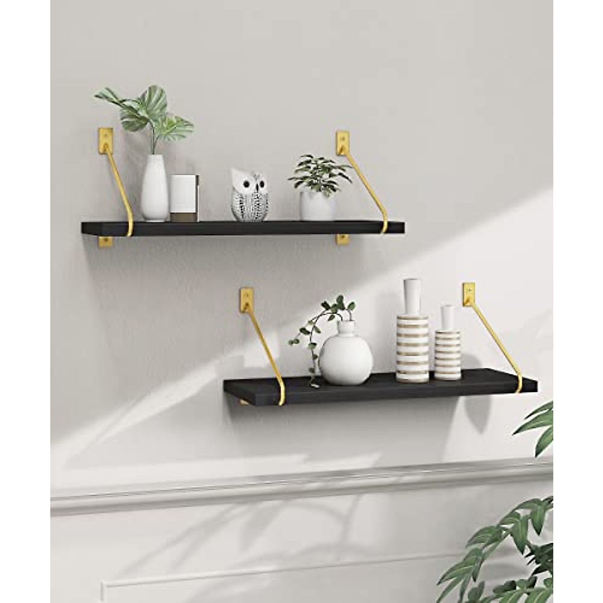 Gronda Black Floating Shelves Set of 2, Black Gold Wall Shelves Minimalist Modern Wall Decor Wooden Bookshelves Trophy Display Storage Plants Floating Shelves Wall Mount Living Room Bedroom Bathroom