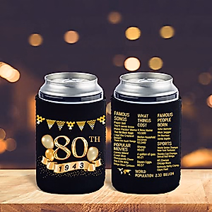 80th Birthday Can Cooler Sleeves Pack of 12- 1943 Sign -80th Anniversary Decorations - Dirty 80th Birthday Party Supplies - Black and Gold Eightieth Birthday Cup Coolers