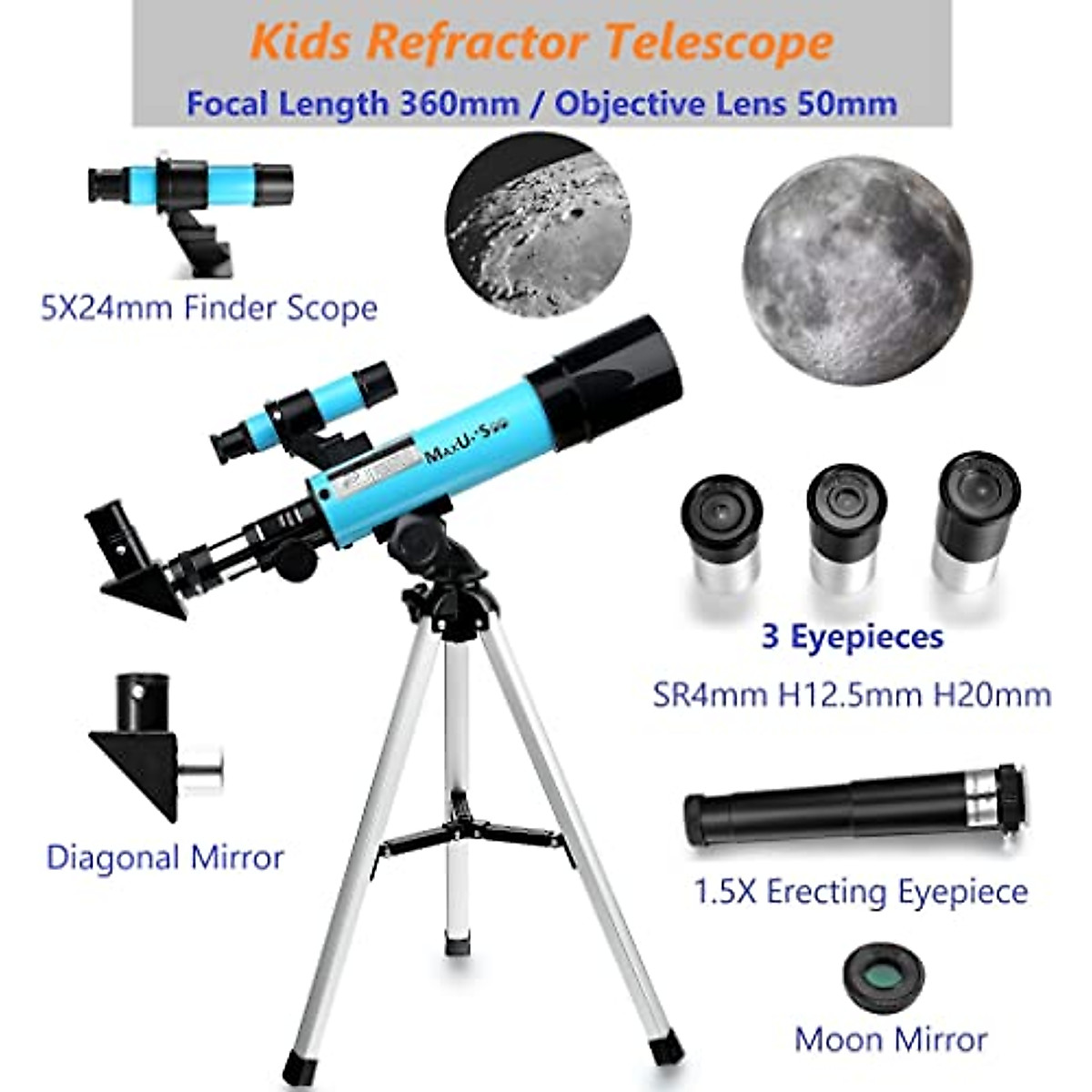MaxUSee Lunar Telescope for Kids and Astronomy Beginners, Refractor Telescope with Finder Scope and 3 Eyepieces, Travel Telescope with Compact HD Binoculars for Moon Viewing Bird Watching Sightseeing