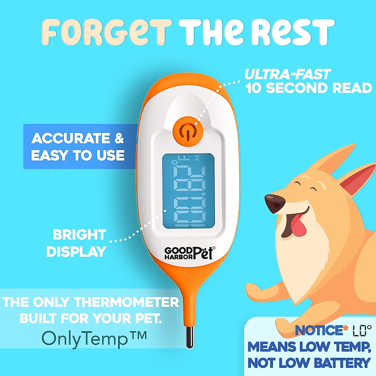 GoodHarborPet-OnlyTemp Ultra-Fast 10s Read, IP55 Water Resistant - Precision Rectal Thermometer for Pets