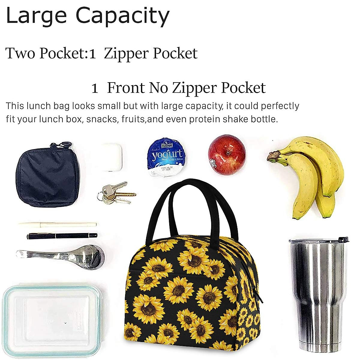 Cute Sunflowers Lunch Bags Women Girls Cute Florals Insulated Lunch Box Lunchbox Cooler Tote Bag Lunch Container Organizer Zipper Meal Prep Lunch Boxes for Teens Kids Adults School Work