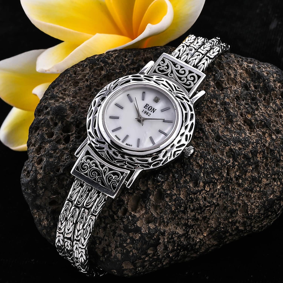 Shop LC 925 Sterling Silver EON 1962 Movement Swirl Watch Multi Row Bracelet for Women Water 3ATM Size 8" Engagement Anniversary Wedding Promise Birthday Gifts