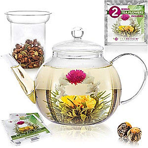Teabloom Stovetop & Microwave Safe Teapot (40 OZ) with Removable Loose Tea Glass Infuser – Includes 2 Blooming Teas – 2-in-1 Tea Kettle and Tea Maker