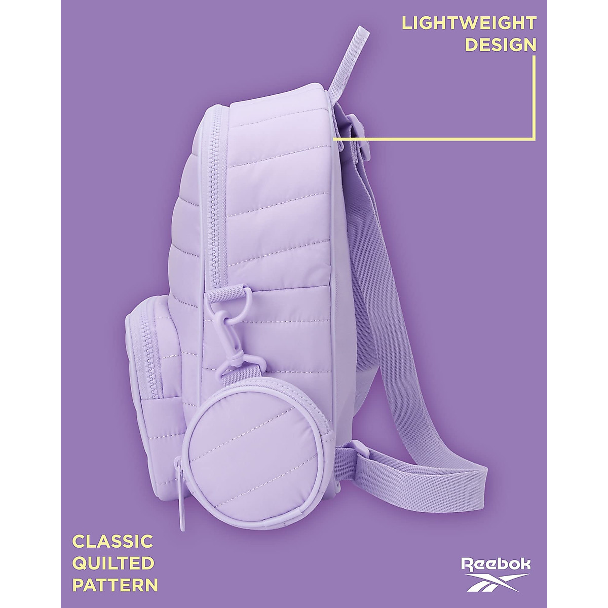 Reebok Women's Backpack - Artemis Quilted Shoulder Purse - Travel Gym Bag for Kids, Teens, and Adults, Size One Size, Pastel Lilac