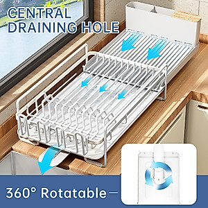 PXRACK Dish Drying Rack, Expandable(19.1"-26.9") Large Capacity Dish Rack and Drainboard Set, Stainless Steel Dish Drainers with Utensil Holder for Kitchen Counter, White