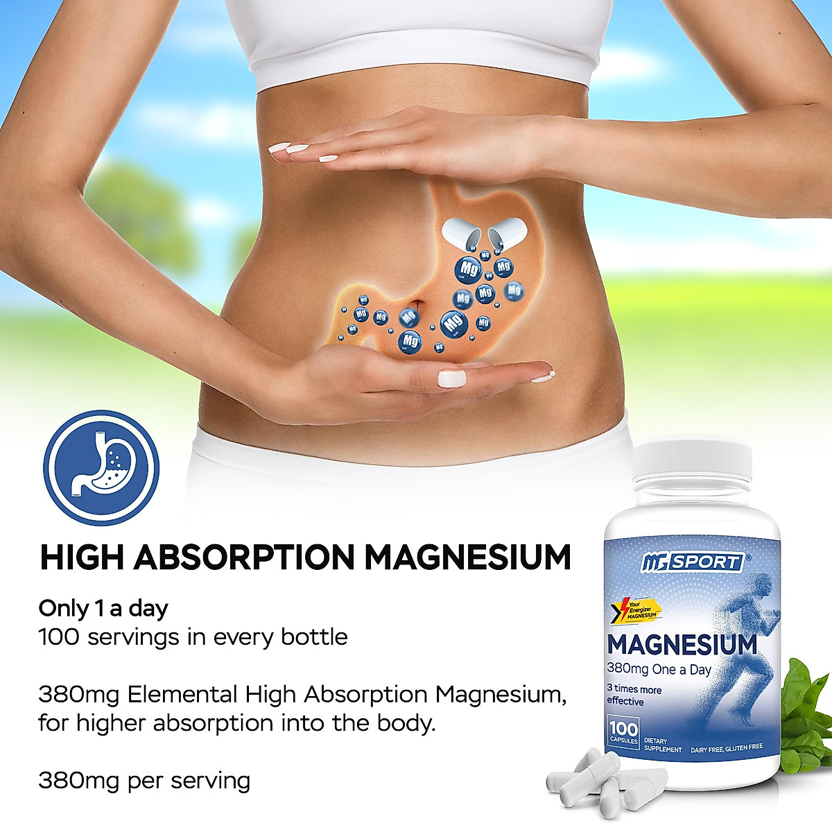 Magnesium Supplement Complex MGSPORT - High Absorption Supplement with Vitamins B6, D, E - Relieves Leg Cramps & Muscle Support - 100 Servings