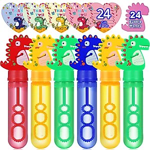 24Pcs Dinosaur Bubble Wands, Dinosaur Birthday party favors, Bubbles for Kids,Outdoor Toys, Goodie Bags Filler, Bubble Blowing Toys,Prize Boxes.(with 24 Gift Cards)