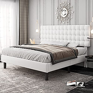 Feonase King Size Bed Frame with Square Stitched Headboard, Faux Leather Upholstered Platform Bed Frame, High-Density Sponge Filled, Solid Wood Slats, No Box Spring Needed, Noise-Free, White