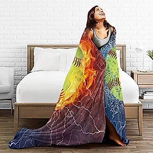 JASMODER Throw Blanket Softball On Fire and Water Soft Microfiber Lightweight Cozy Warm Blankets for Couch Bedroom Living Room