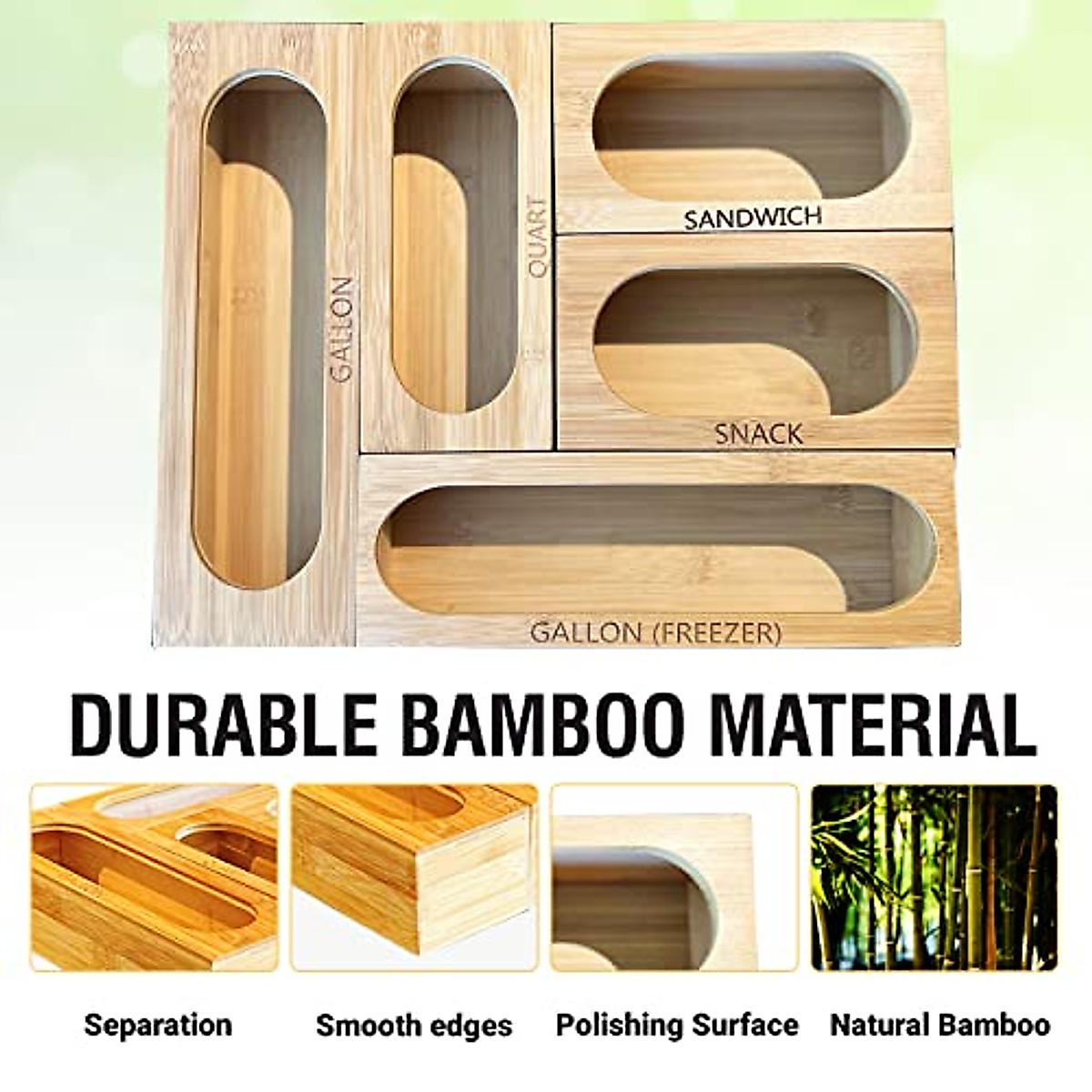 Waratah Home Bamboo Storage Bag Organizer - 5 Pc Magic Bag Organizer for Kitchen and Drawer, Compatible with Gallon, Quart, Sandwich, Snack and Variety Size Bag (Pack of 5)