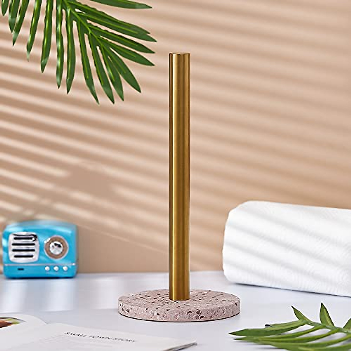 Coffeezone Kitchen Paper Towel Holder for Counter Top with Golden Roll and Terrazzo Stone Base (Terrazzo Pink)