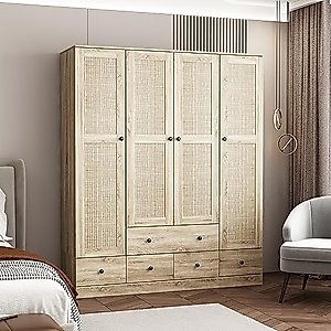 Hitow Wardrobe Armoire with 4 Ratten Doors, Wardrobe Cabinet for Hanging Clothes with 5 Drawers, Bedroom Armoire Dresser Wardrobe Clothes Organizer, Rustic Wood Type D (59" W x 18.8" D x 70.8" H)