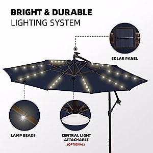 wikiwiki 10 FT Solar Offset Hanging Umbrella, Lighted Patio Cantilever Umbrella with 32 Lights, Infinite Tilt, Fade Resistant RECYCLED FABRIC Canopy & Cross Base, for Yard, Garden & Deck(Navy Blue)