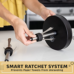 Stainless Steel Black Paper Towel Holder Designed for Easy One-Handed Operation - This Sturdy Weighted Paper Towel Dispenser Countertop Model Has Suction Cups and Holds All Paper Towel Rolls