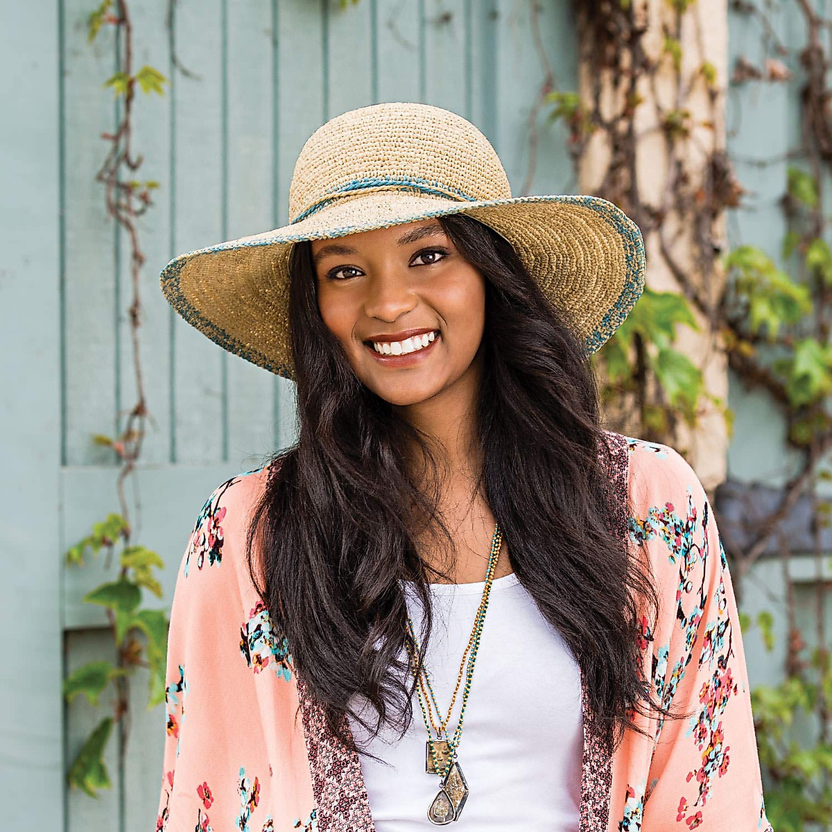 Wallaroo Hat Company – Women’s Camille Sun Hat – Wide Brim Natural Fiber and Adjustable Sizing for Medium Crown Sizes – Elegant Sun Hat for Resort, Outdoor Events and Parties (Turquoise)