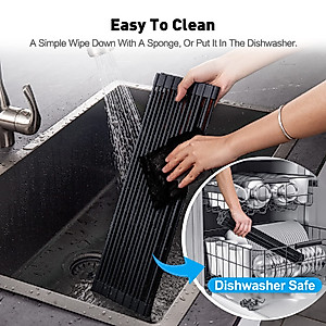 EMBATHER Roll Up Dish Drying Rack Over The Sink, Dish Drying Rack for Kitchen Counter, Multipurpose Stainless Steel Foldable Kitchen Drainer Rack with Silicone Mat, Anti-Slip,(Black, 17.8"x13.5")