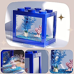 Small Betta Fish Tank, Stackable Mini Fish Tank Aquarium Tank Kit, 3/5 Gallon Rectangular Fish Bowl with Aquarium Gravel Decoration, Cube Tank for Seaweed Balls Sea Monkeys (Blue)