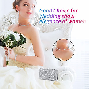 Ditard 4 Pieces Rhinestone Jewelry Set Women Clutch Purse for Prom Sets Wedding Bridal Bracelet Necklace Dangle Ear Clip Crystal Party (Noble Style), Silver