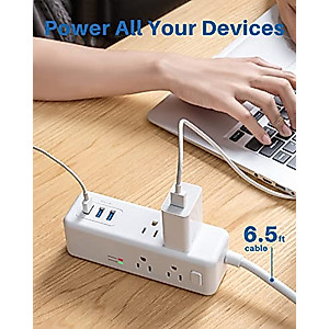 Power Strip Surge Protector by KOOSLA, [15A 1875W] 3 Sided, 6.5 ft Extension Cord, Flat Plug, 8 AC Multiple Outlets & 3 USB Ports Charging Station, Compact for Travel, Home, Office, Dorm Room