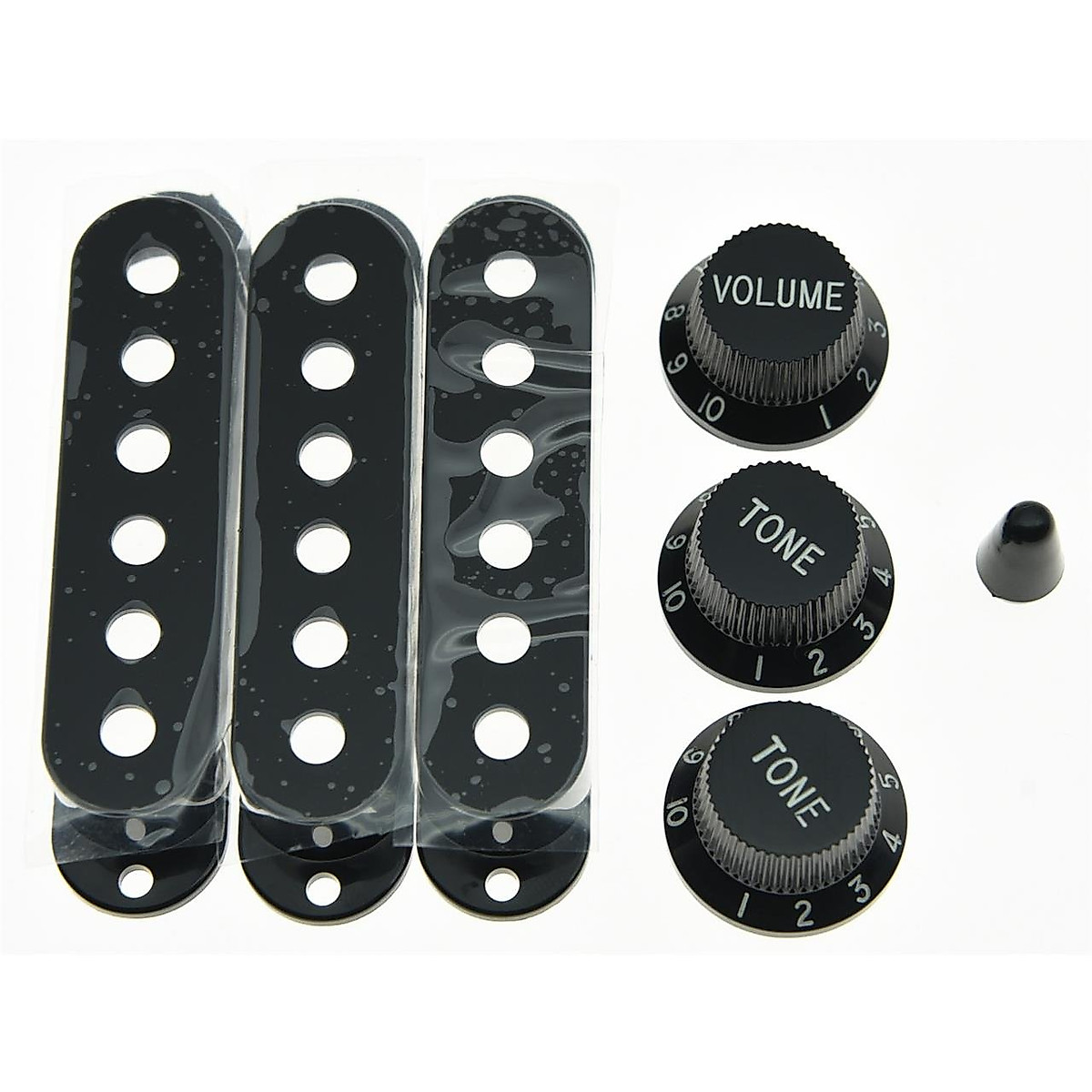 KAISH Black ST Strat Pickup Covers Knobs and 5 Way Switch Tip Cap