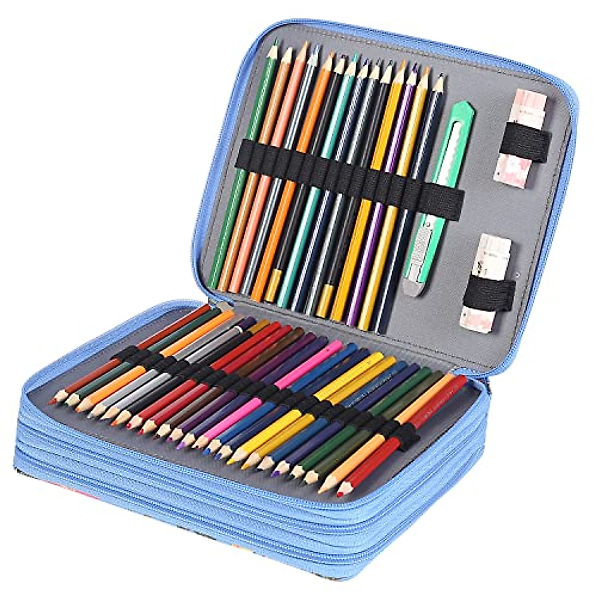 Shulaner 120 Slots Colored Pencil Case Organizer with Zipper Large Capacity Pen Holder Bag for Student or Artist Blue Flower