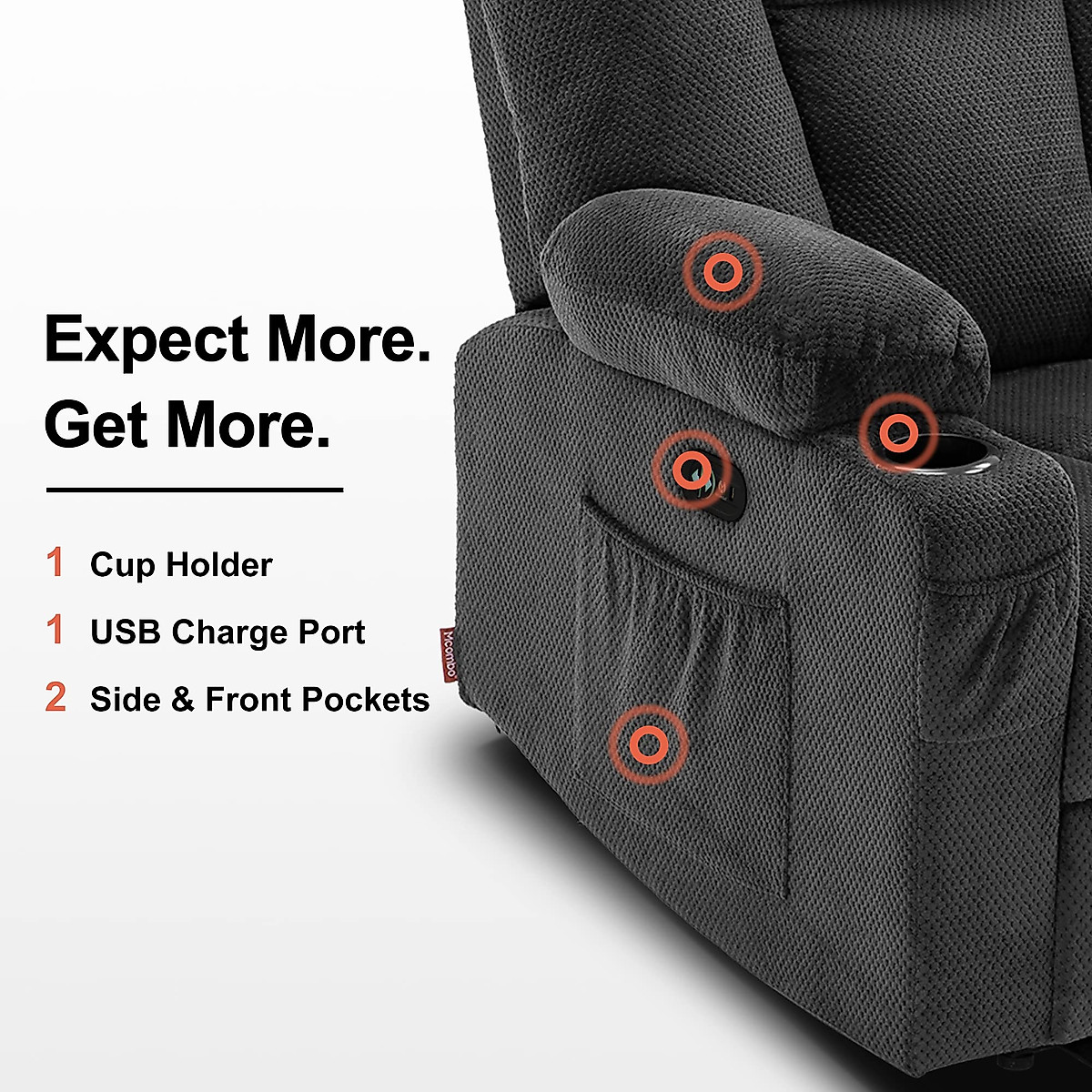 MCombo Power Reclining Sofa with Heat and Vibration,USB Ports, Cup Holders,3-Seat Dual Recliner Sofa with Console for Living Room 6035 (Grey)