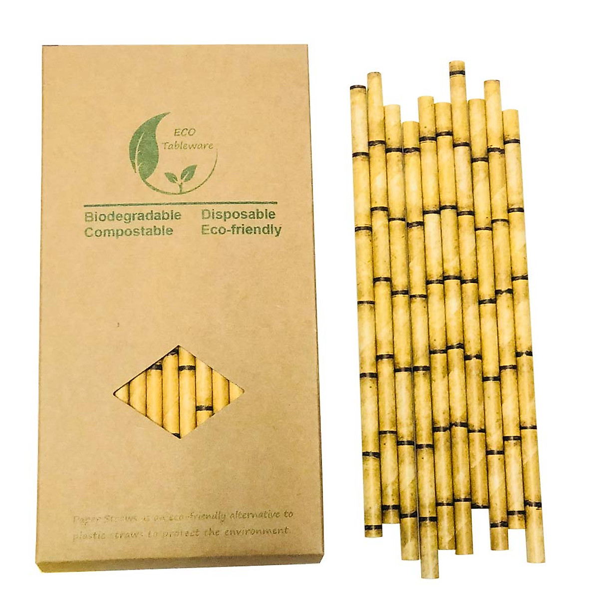 Yellow Bamboo Drinking Straws - 100 Pack, 100% Biodegradable Disposable Bamboo Design Paper Straws for Cocktail, Juice, Coffee, Soda, Smoothies