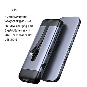 Port Expander 9 in 1 USB C Hub Adapter USB-C Splitter with 4K HDMI, 1080P VGA,100W PD, 3 USB 3.0 Ports,SD/TF Card Reader, Ethernet USB Splitter