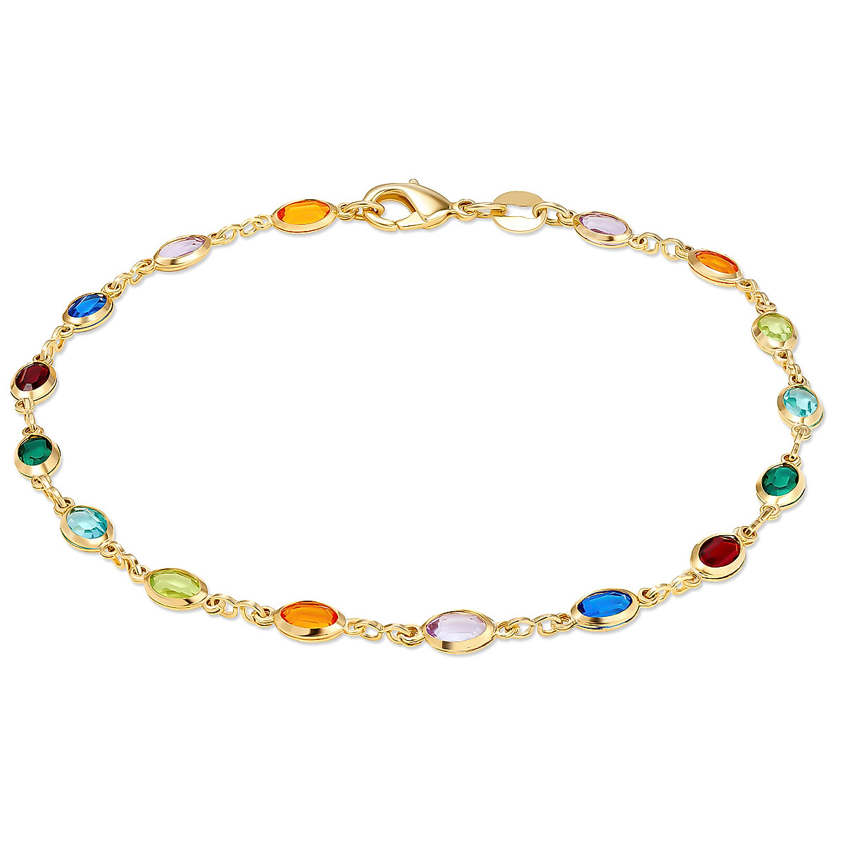 Barzel 18K Gold Plated Multi Color Crystal Baguette Anklet (Multicolor Dark Oval)